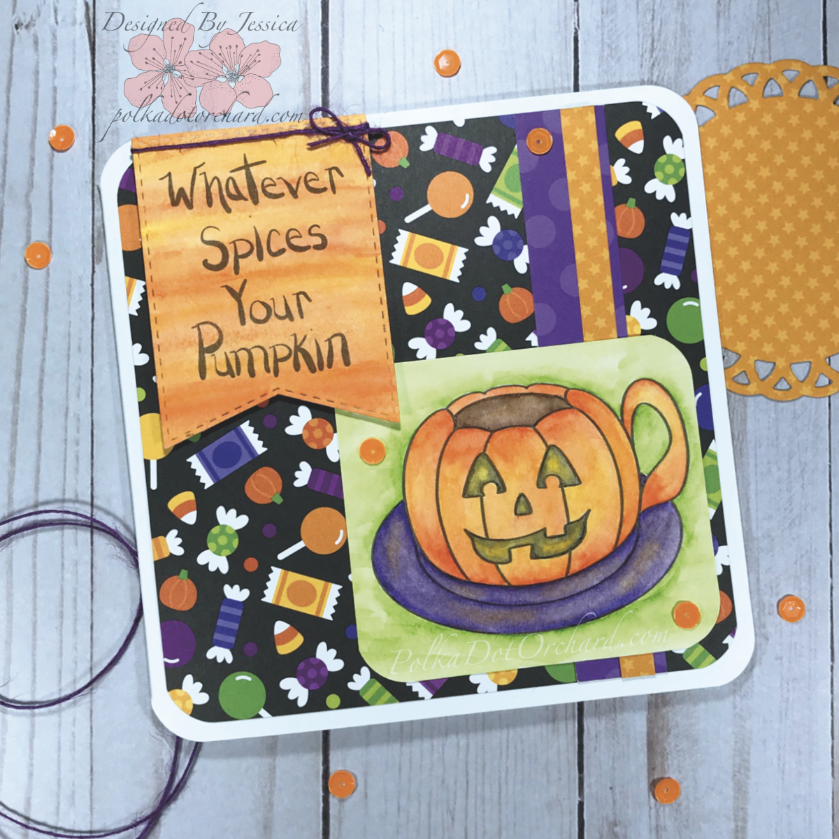 Jack-o’-lantern Mug Watercolored Card – Polka Dot Orchard